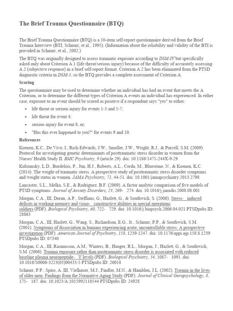 Brief Trauma Questionnaire Overview | PDF | Psychological Trauma | Self ...