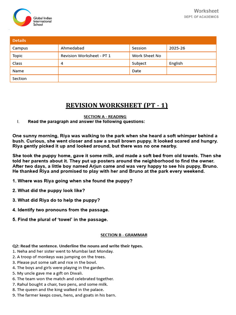 (25-26) Grade 4 - Revision Worksheet - PT1 | PDF | Grammatical Gender | Language Families