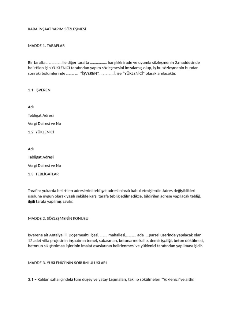 Kaba İnşaat Yapim Sözleşmesi̇ | PDF