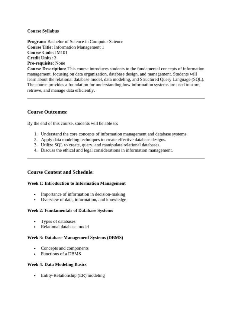 Information Management 1 Course Syllabus | PDF | Databases | Sql
