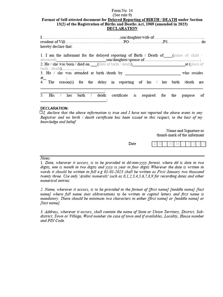 Self Declearation For Delayed, Form No 14 | PDF