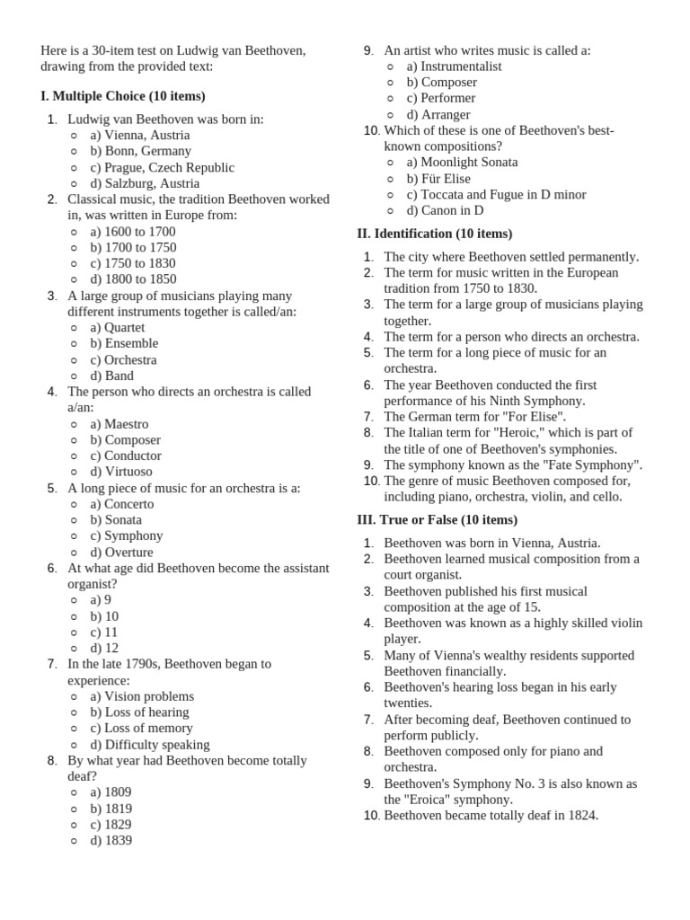 Beethoven's Hearing Loss Quiz | PDF | Ludwig Van Beethoven | Orchestras