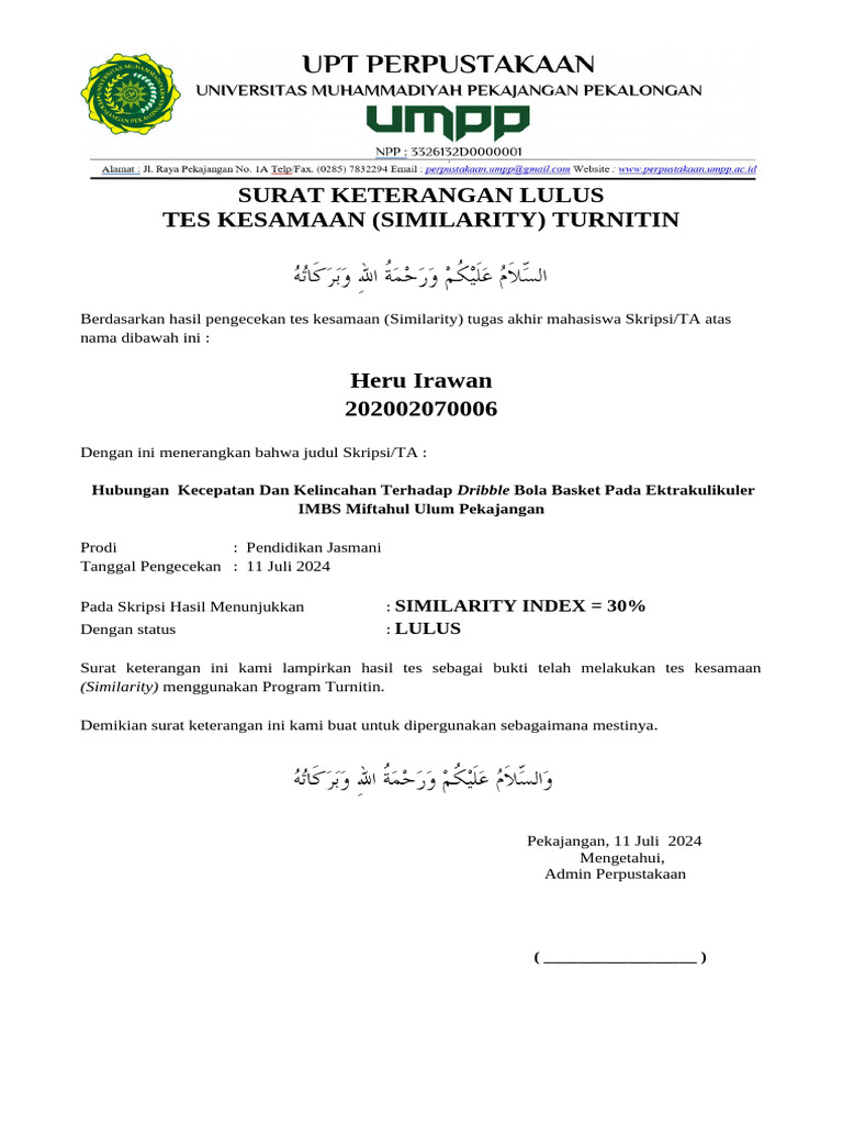 2024 - Surat Keterangan Lolos Tes Kesamaan Turnitin FIKES New | PDF