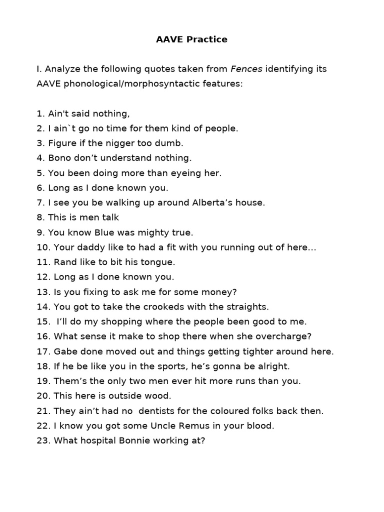 AAVE Features in Fences Quotes Analysis | PDF