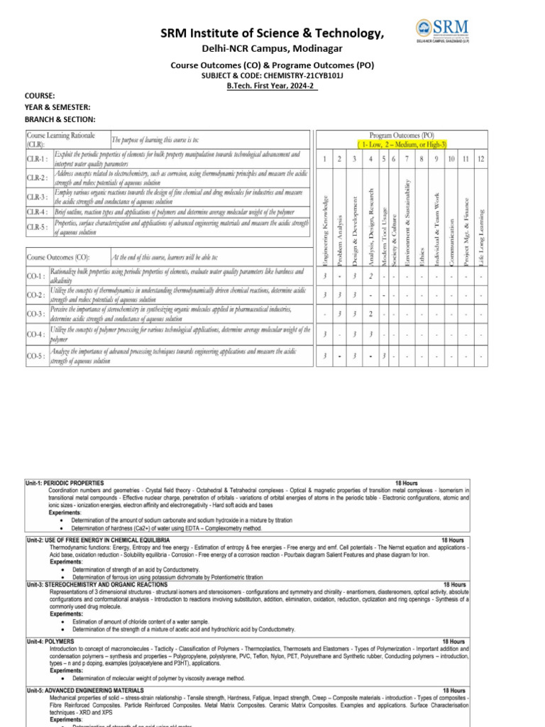 Chemistry Course Outcomes for B.Tech 2024-25 | PDF