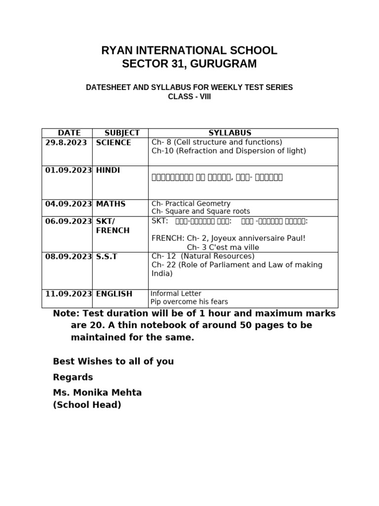 Weekly Test Syllabus and Datesheet VIII | PDF