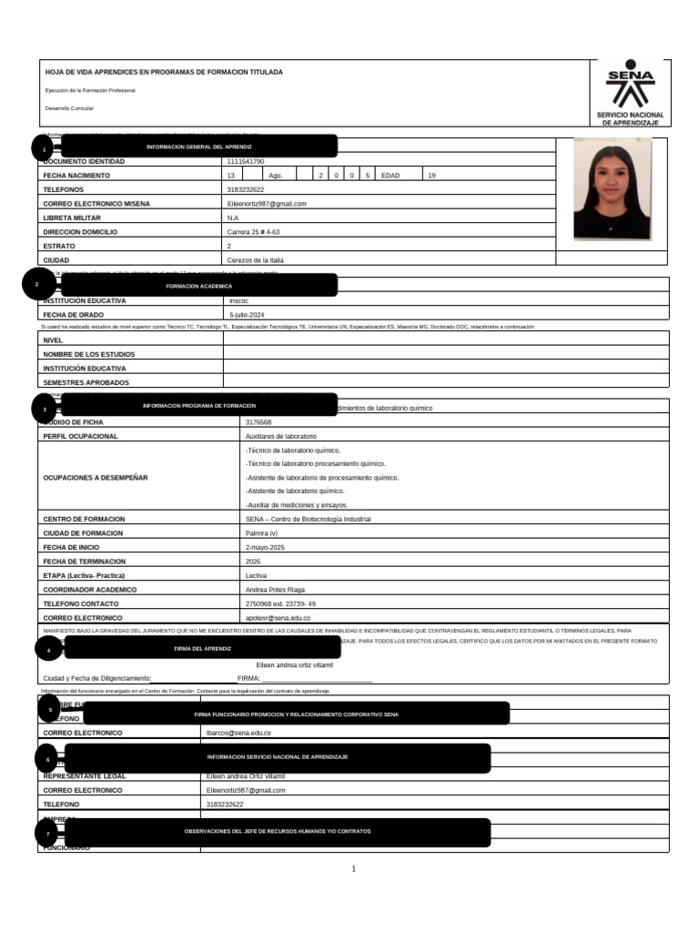 Copia de Hoja Vida Aprendiz Sena Eileen Andrea | PDF | Químico ...