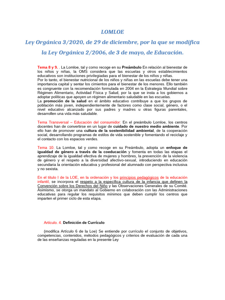 Resumen Infantil LOMLOE | PDF | Educación de la primera infancia | Educación primaria