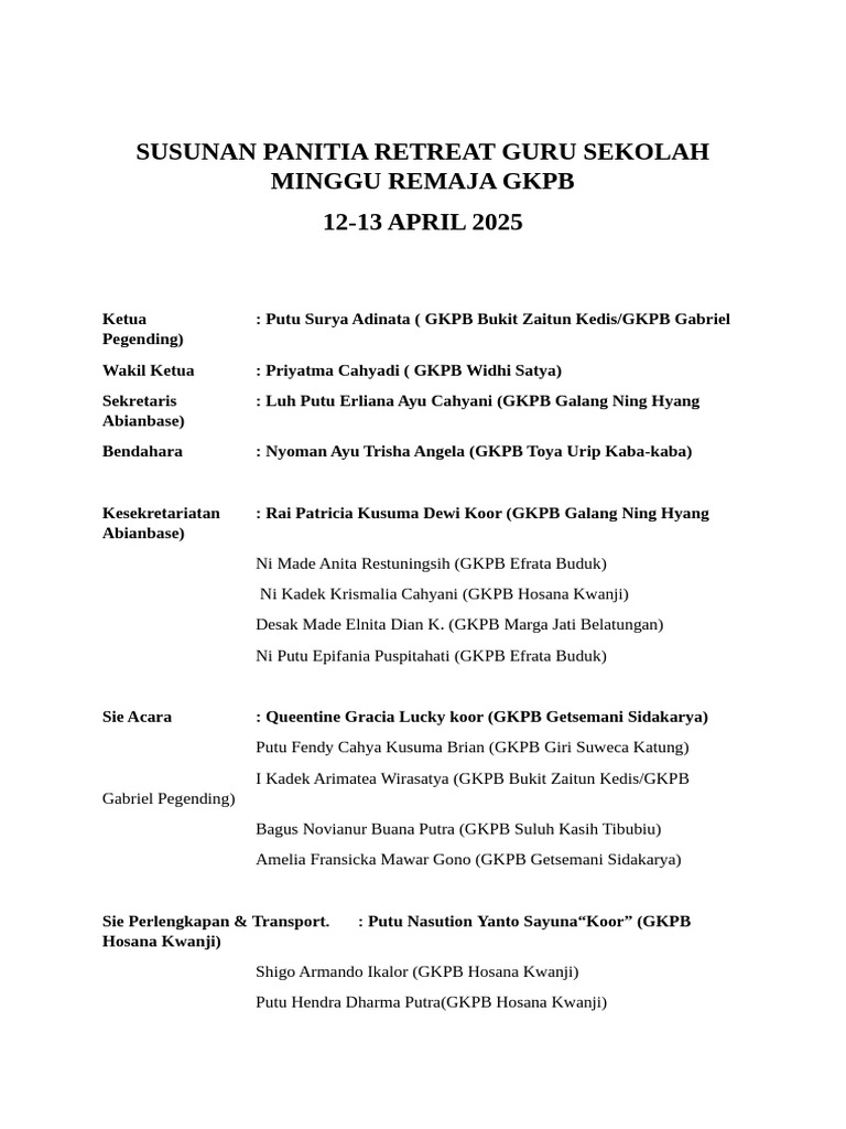 Panitia Retreat Guru Minggu Remaja GKPB | PDF
