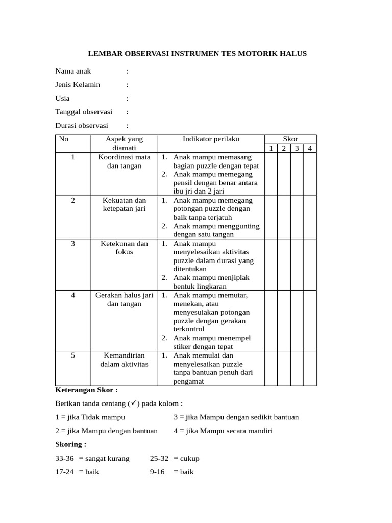 Lembar Observasi Instrumen Tes Motorik Halus New | PDF
