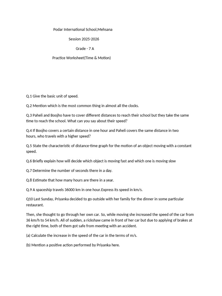 Grade 7 Time & Motion Practice Worksheet | PDF