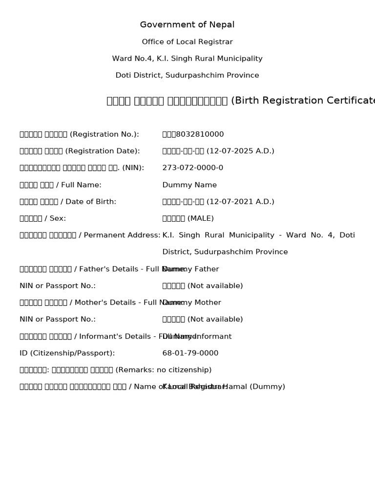 Dummy Birth Certificate Nepal | PDF