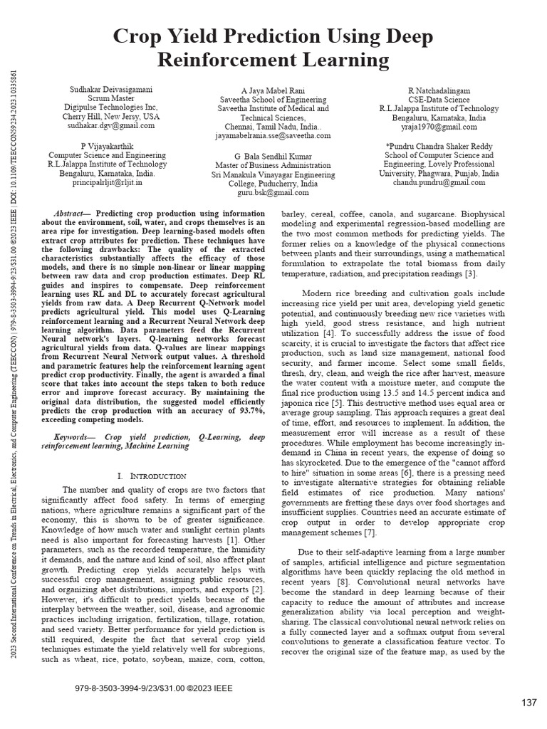 Crop Yield Prediction Using Deep Reinforcement Learning | PDF