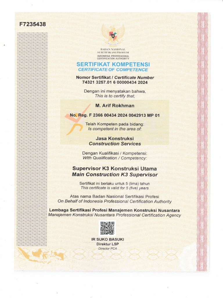 SKK Supervisor k3 Konstruksi Utama (M. Arif) | PDF