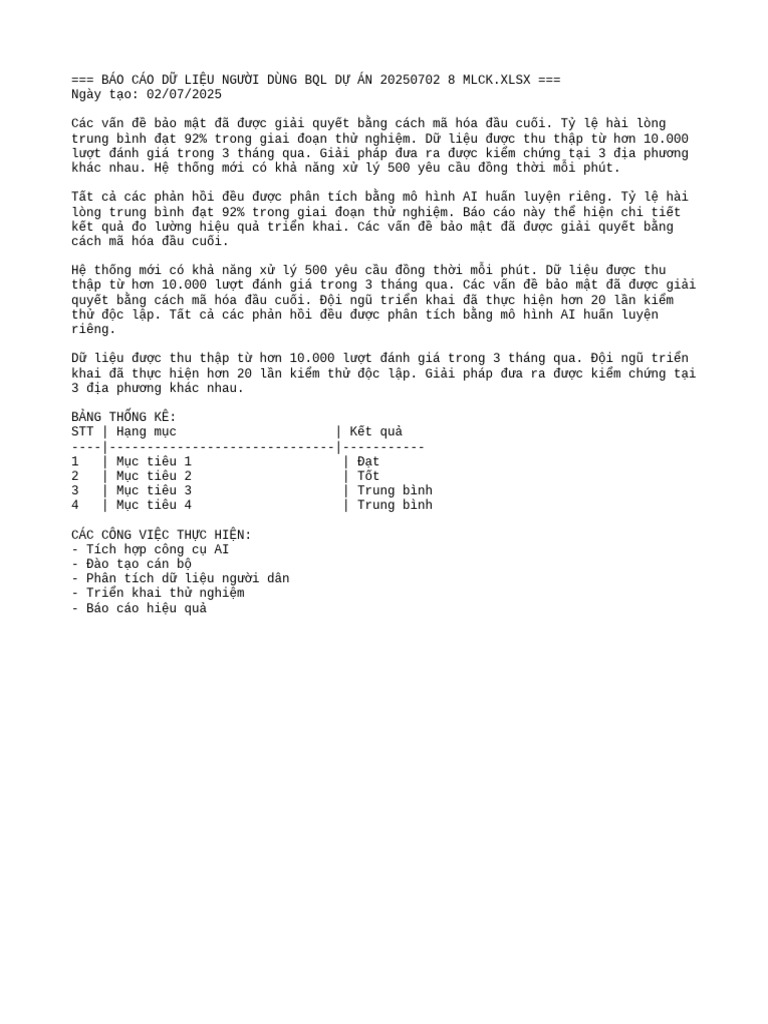 báo cáo dữ liệu người dùng bql dự án 20250702 8 mlck | PDF