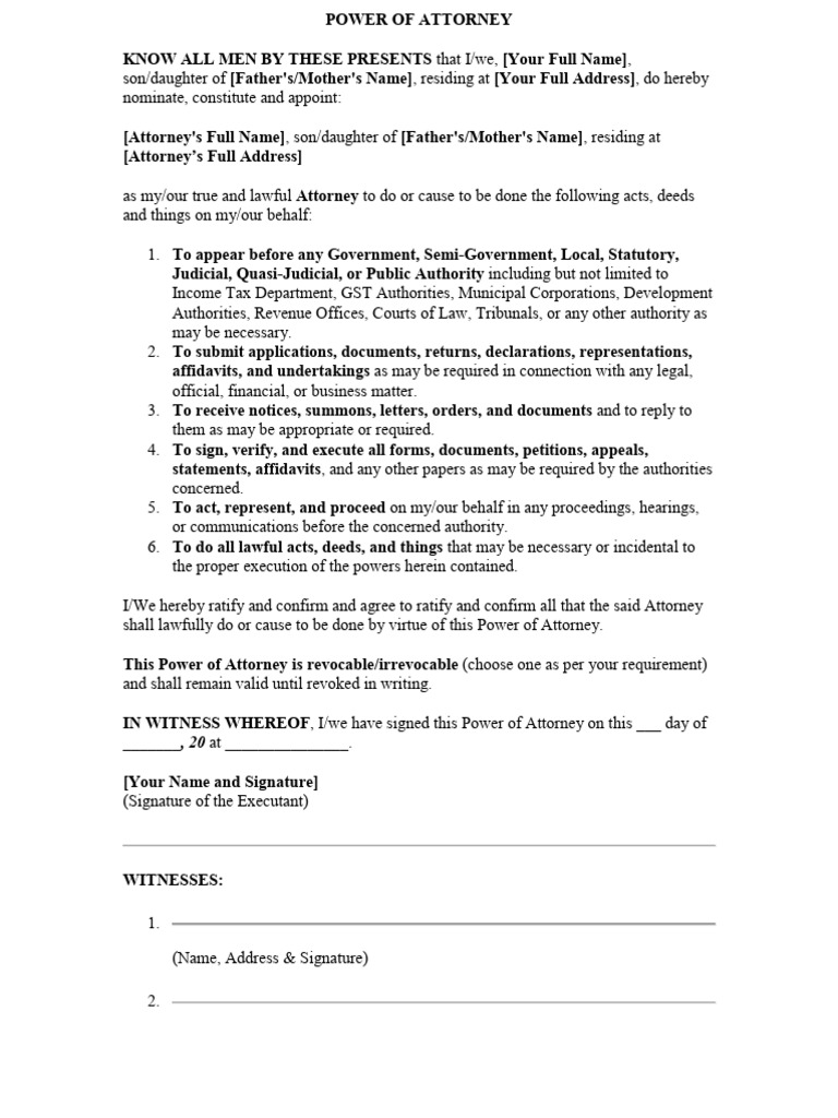 Power of Attorney Document Template | PDF