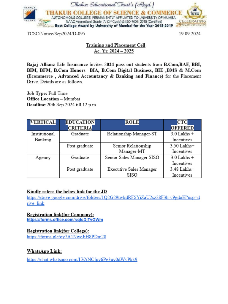 TCSC - Notice - Sep 2024 - D-095 Bajaj Allianz Life Insurance | PDF