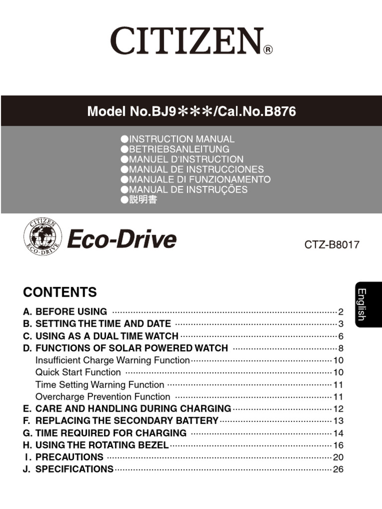 Citizen EcoDrive B876 - S033900 Movement - Full Instructions | PDF | Rechargeable Battery ...