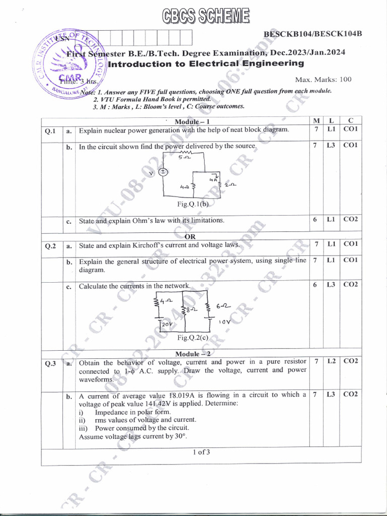 VTU Question Paper of BESCKB104 - BESCK104B Introduction To Electrical ...