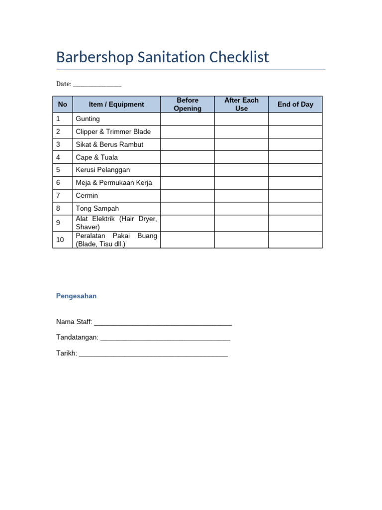 Barbershop Sanitation Checklist | PDF
