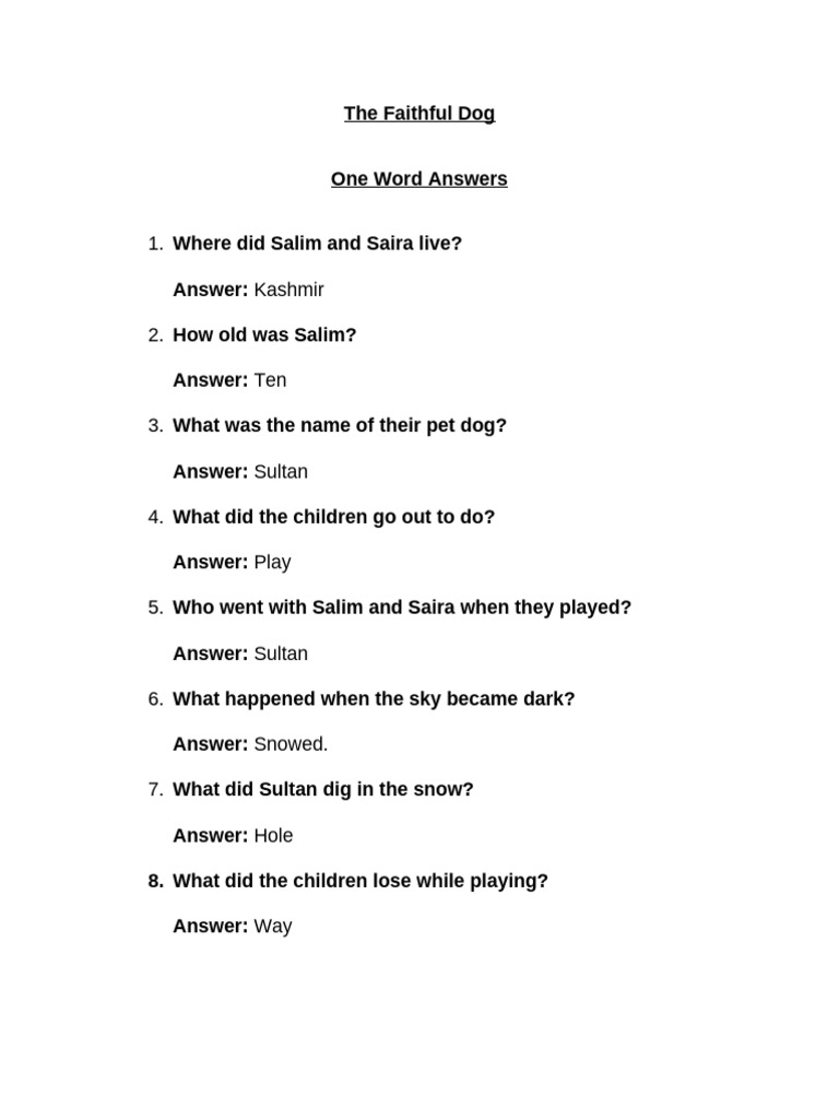 The Faithful Dog One Word Answer With Answers | PDF