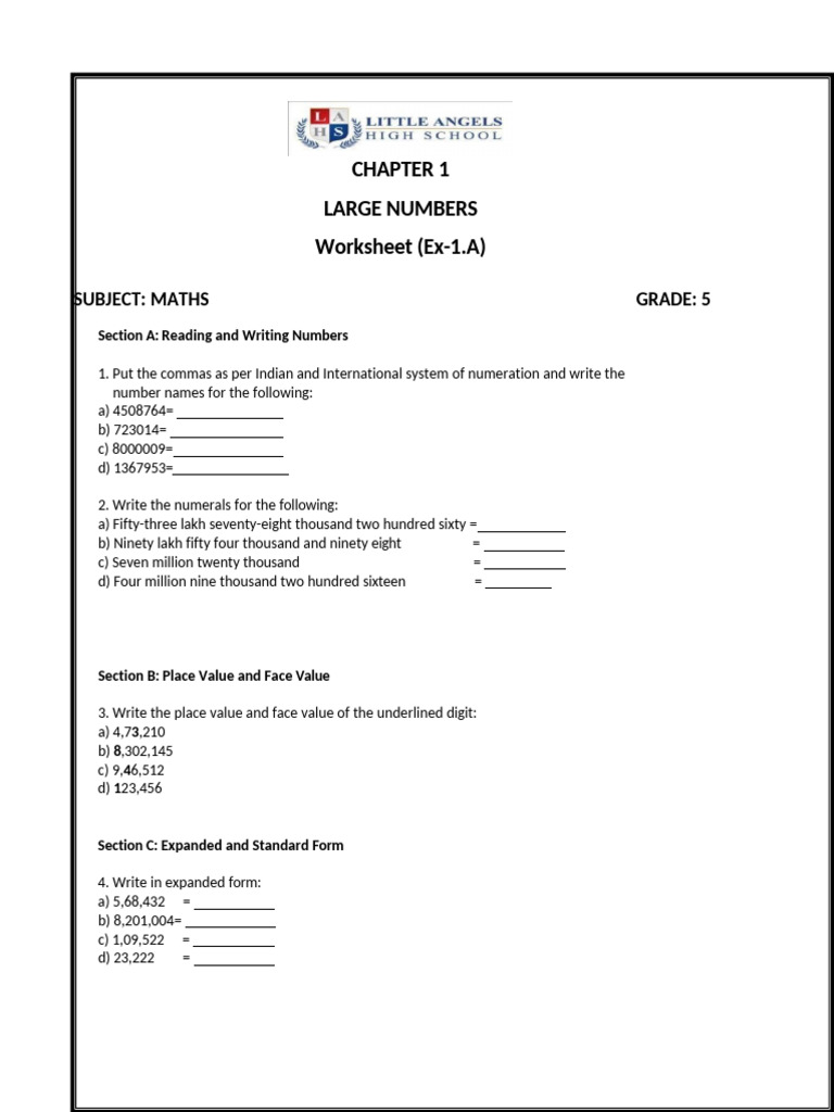 Large Numbers Worksheet for Grade 5 | PDF