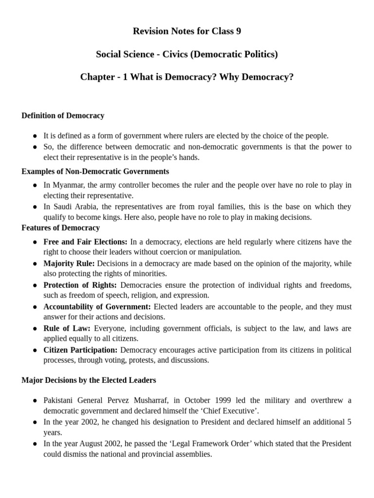 Civics Chapter 1 What Is Democracy - Why Democracy - Class 9 Notes PDF ...