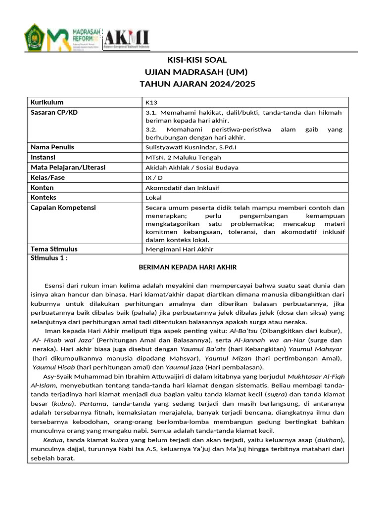 Kisi-kisi Soal Um_akidah Akhlak_ 2024-2025 | PDF