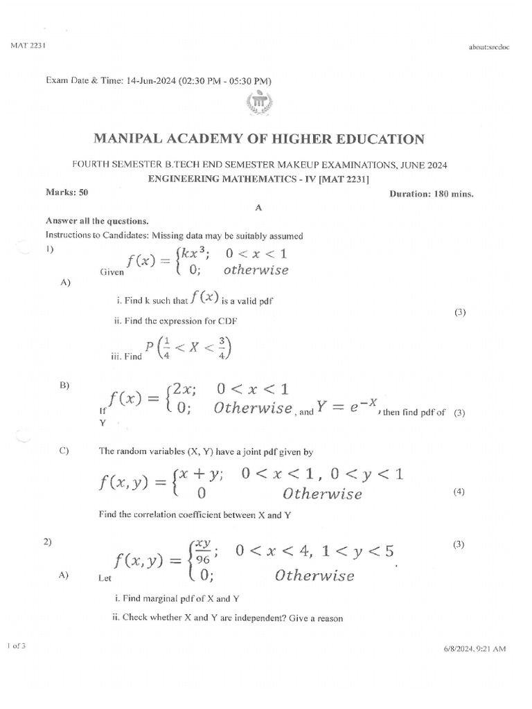 Engineering Mathematics IV (MAT 2231) (Makeup) | PDF