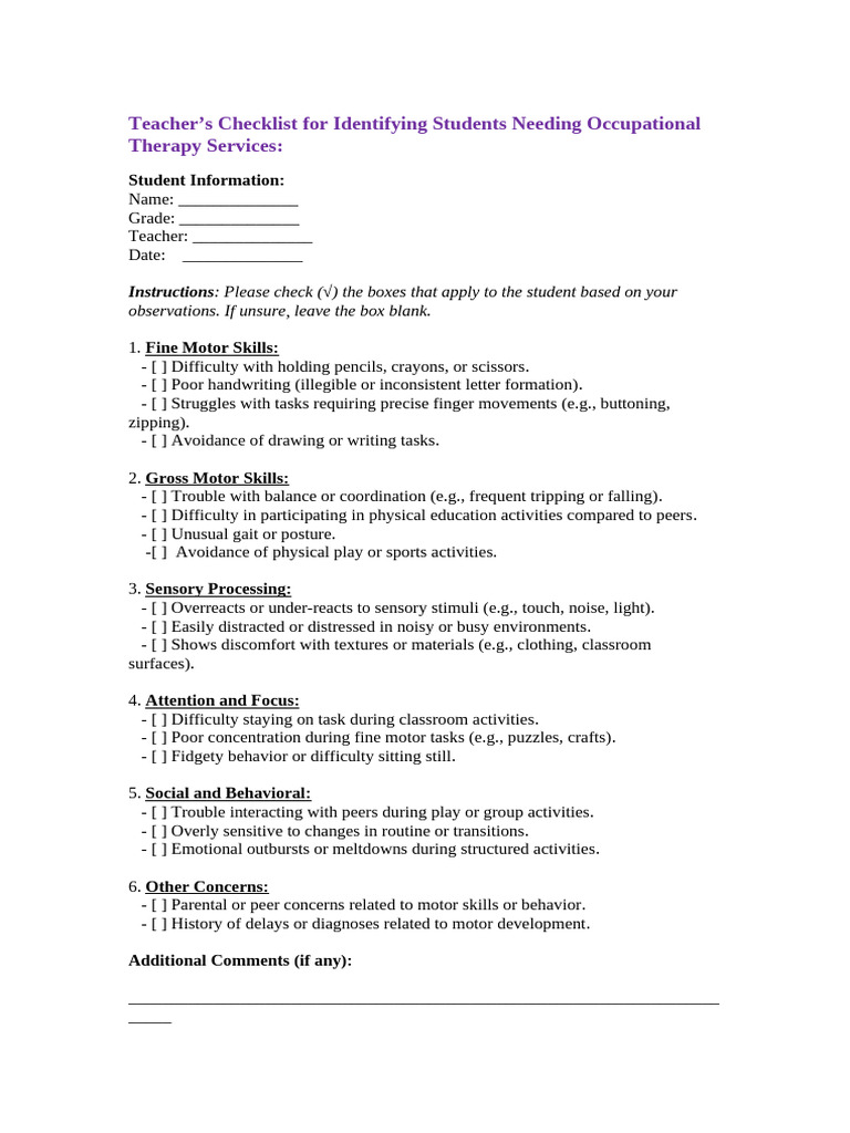 Occupational Therapy Needs Checklist | PDF | Occupational Therapy ...