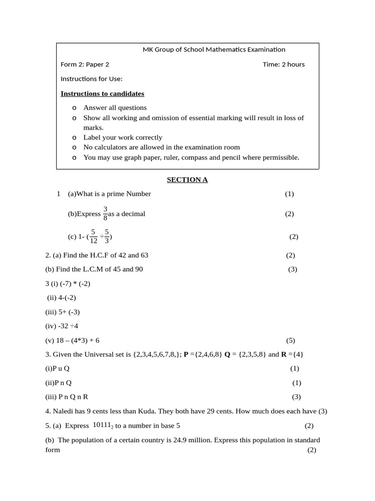 Form 2 Paper 2 Mathematics MK | PDF