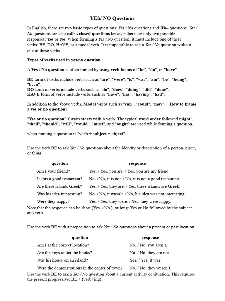 Yes or No Questions | PDF | Verb | Grammar