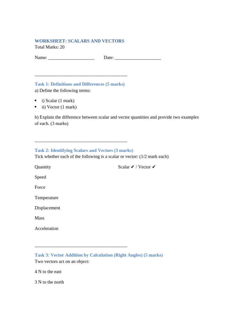 Scalars and Vectors Worksheet | PDF | Euclidean Vector | Force
