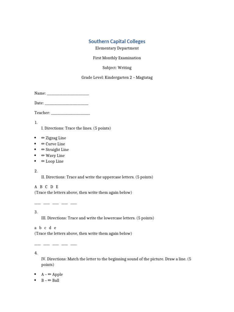 Kinder2 Writing First Monthly Exam | PDF