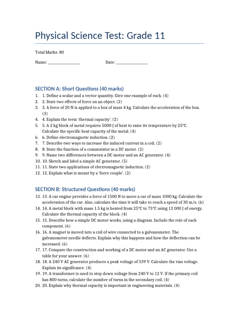 Grade 11 Physics Test and Memo | PDF | Electric Motor | Inductor