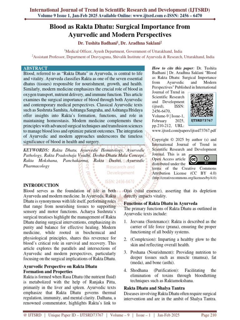 Blood As Rakta Dhatu Surgical Importance From Ayurvedic and Modern ...