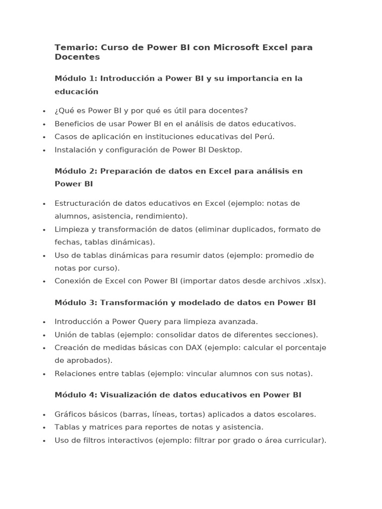 Temario Power Bi - Excel 2025 | PDF | Microsoft Excel | Informática