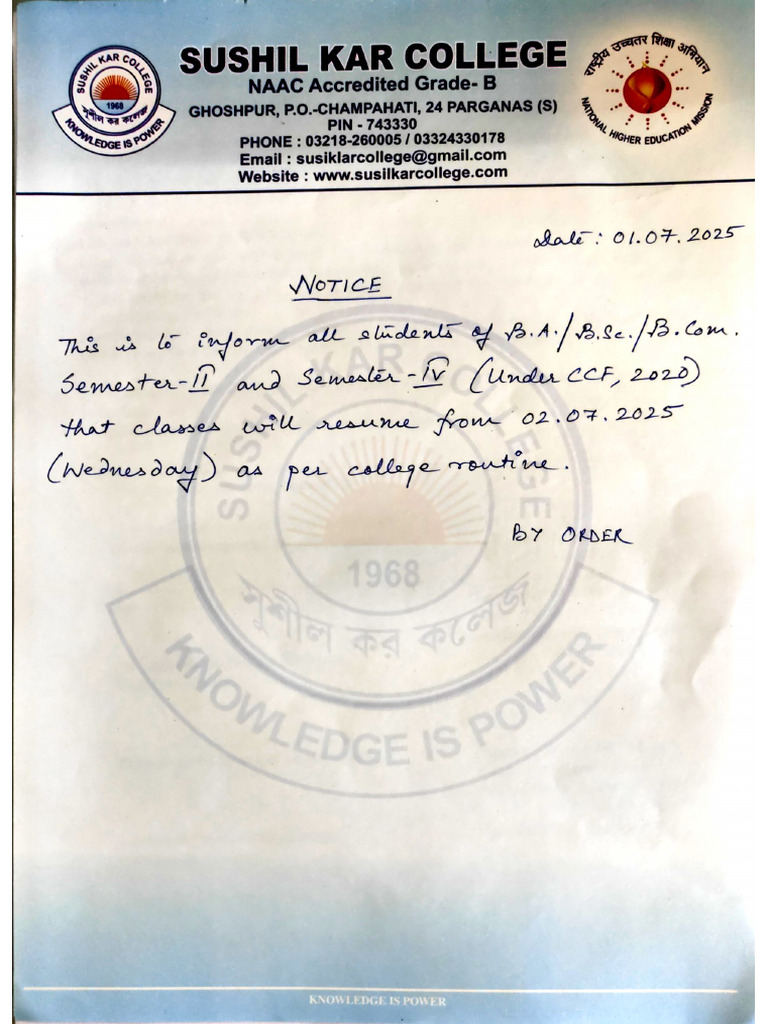 Class Resuming Notice | PDF
