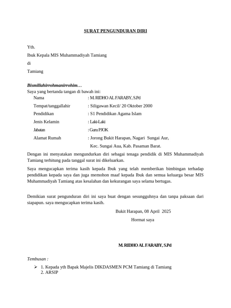 SURAT PENGUNDURAN DIRI M Rido | PDF
