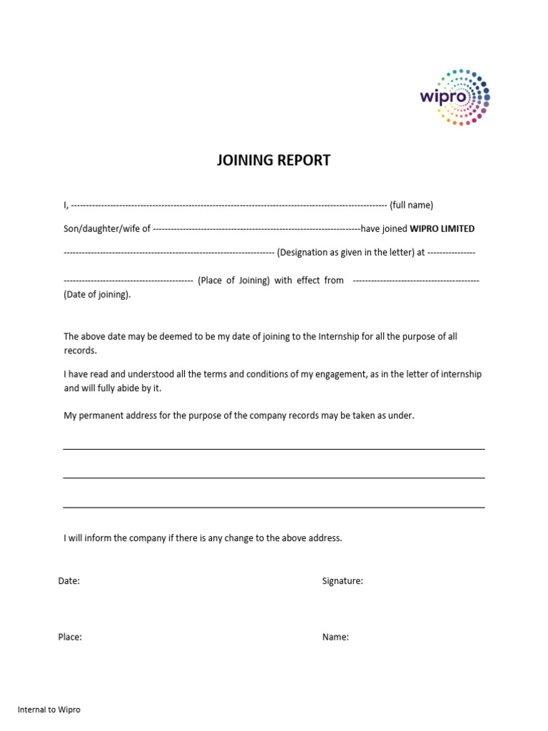 Wipro Internship Joining Report Template | PDF
