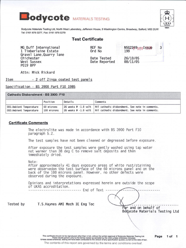 Doc. 11 - BS 3900 Part f10 Cathodic Disbondment Certificate (UK) | PDF