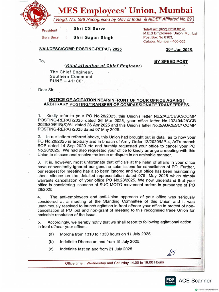 Notice of Agitation in Front of CESC Office Against Arbitrary Posting ...