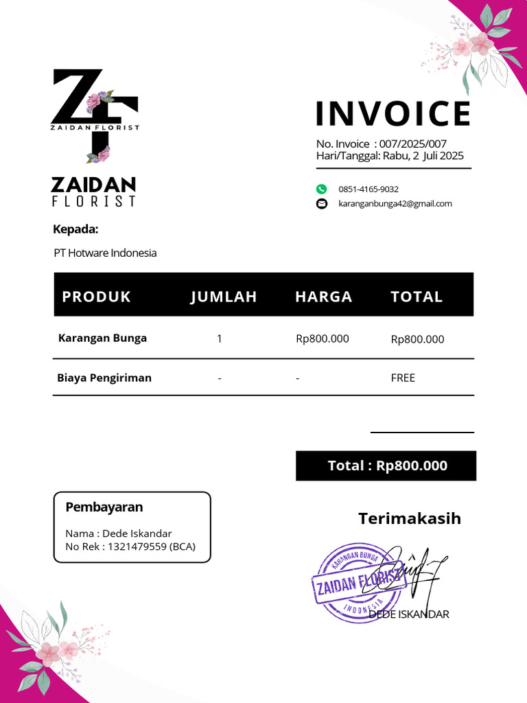 Invoice Karangan Bunga Dede Iskandar | PDF