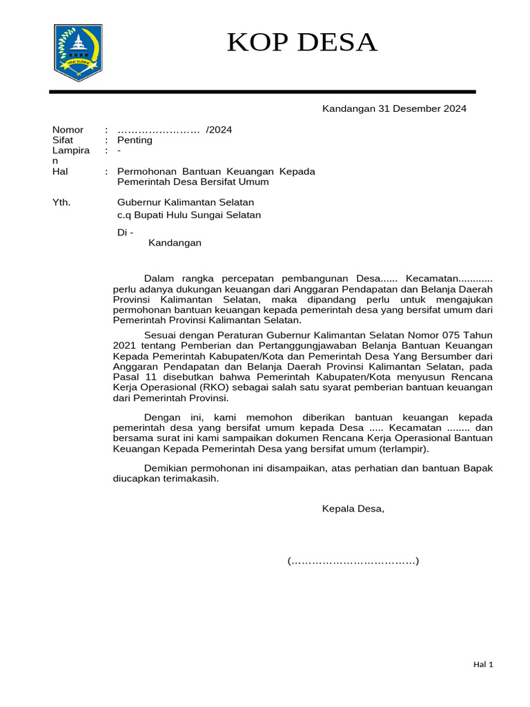 Contoh RKO BKU Desa Prov Kalsel 2025 Untuk Desa | PDF