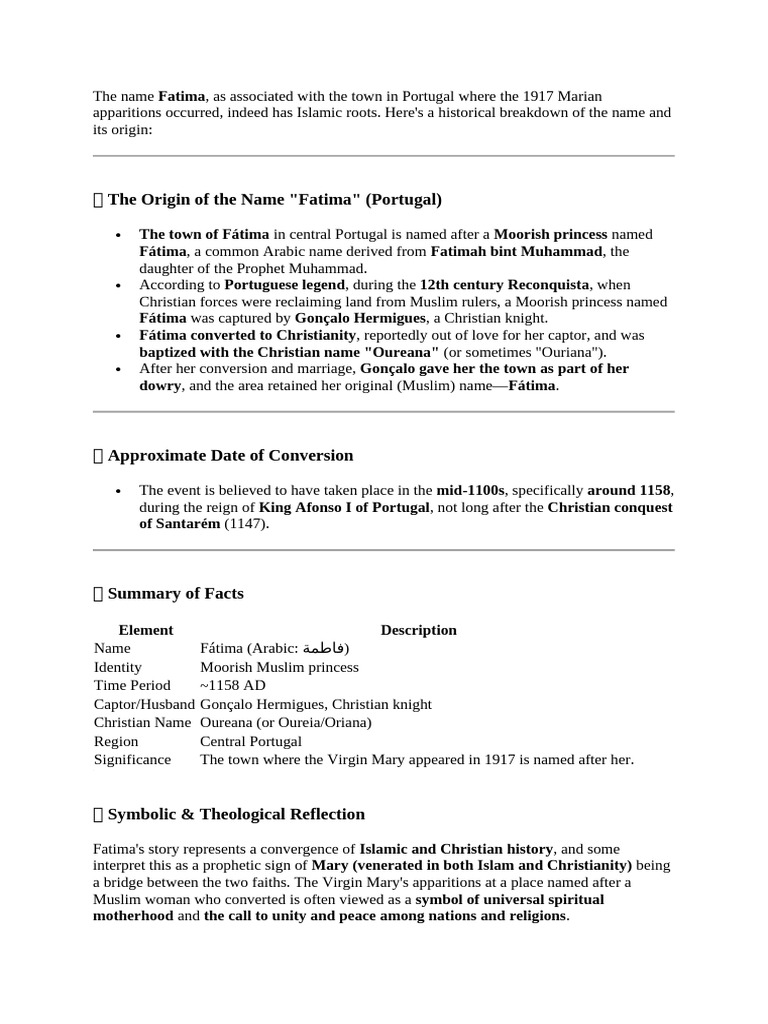 The Origin of The Name Fatima Portugal | PDF | Our Lady Of Fátima ...