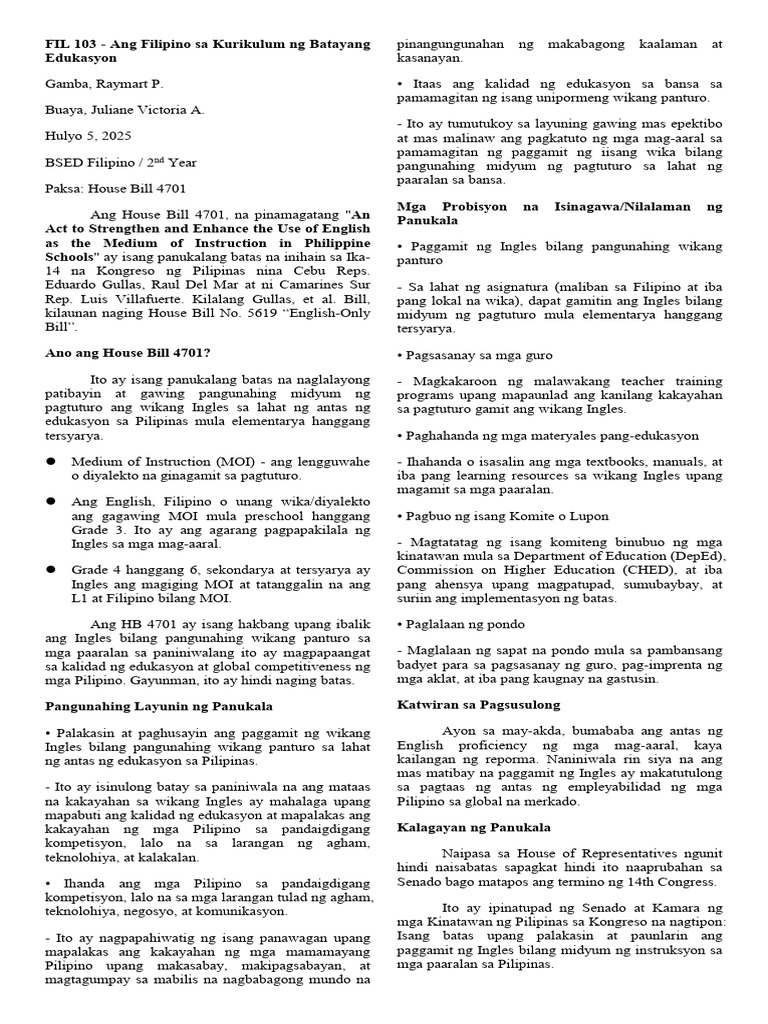 FIL 103 House Bill 4701 | PDF