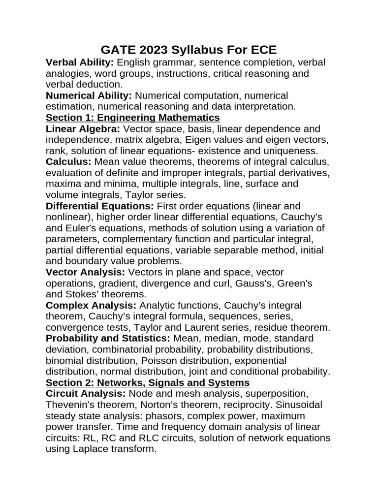 GATE 2023 Syllabus For ECE | PDF | Mathematical Analysis | Integral