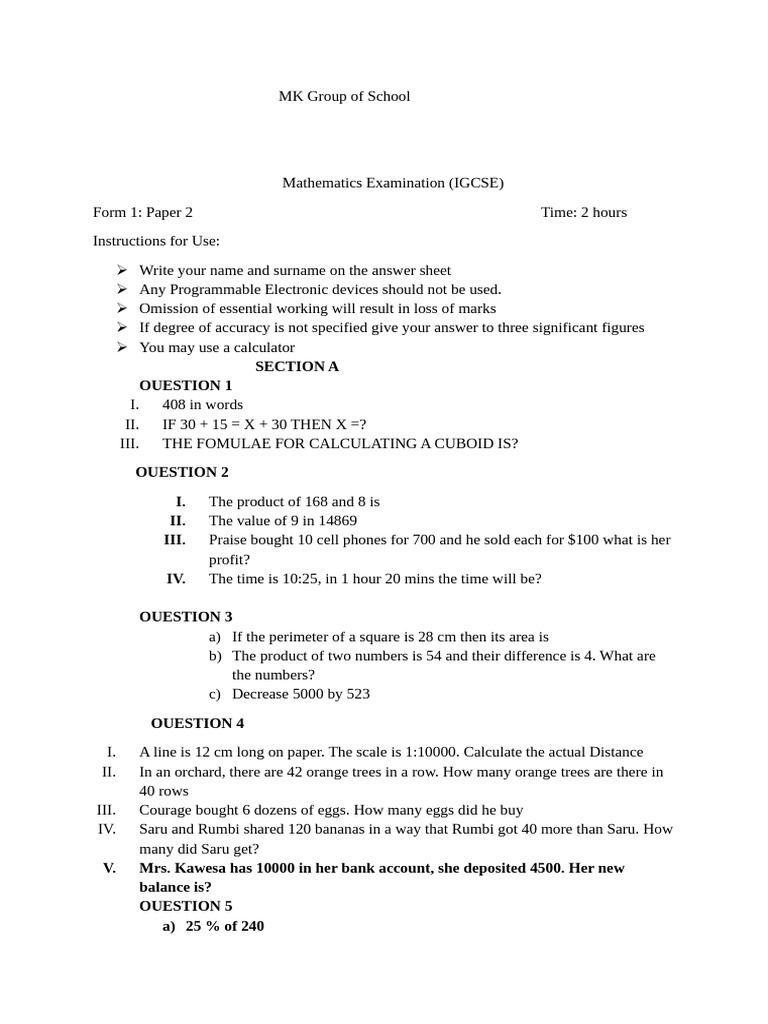 MK Group of Schoolcambridge Form 1 Maths | PDF