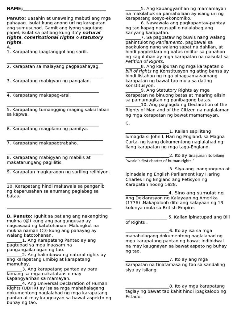 Karapatang Pantao Quiz | PDF