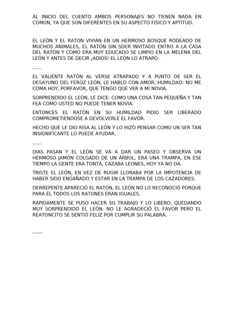Resumen Del Cuento Leon y Raton | PDF